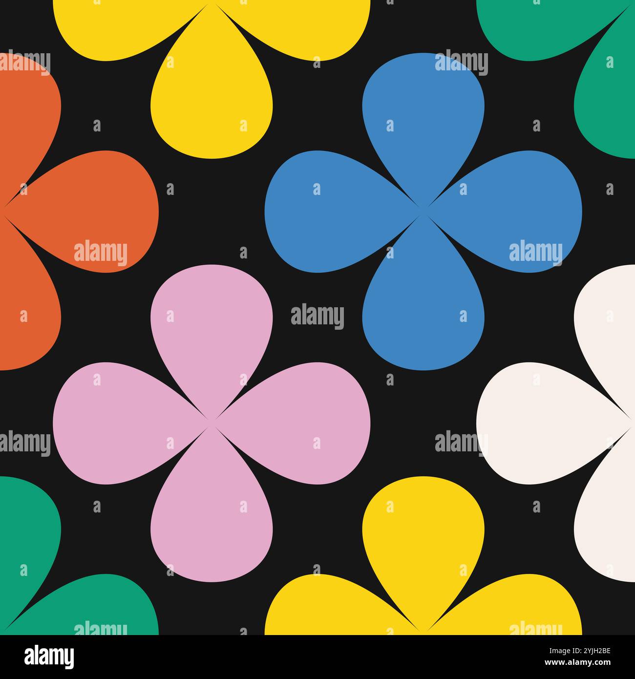 Colorful floral pattern resembling clover shapes with petals on black ...