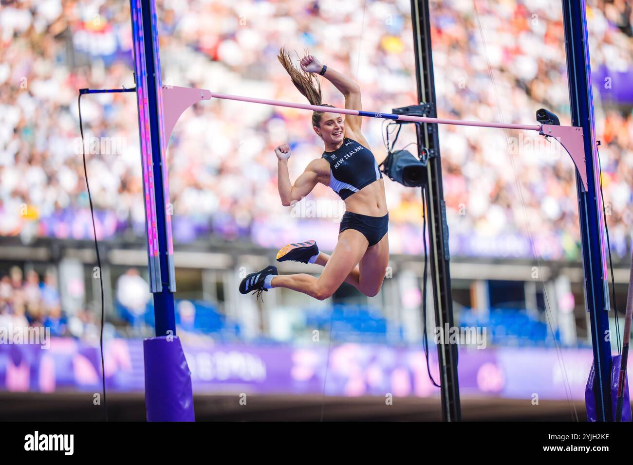 Imogen Ayris participating in the pole vault at the Paris 2024 Olympic ...