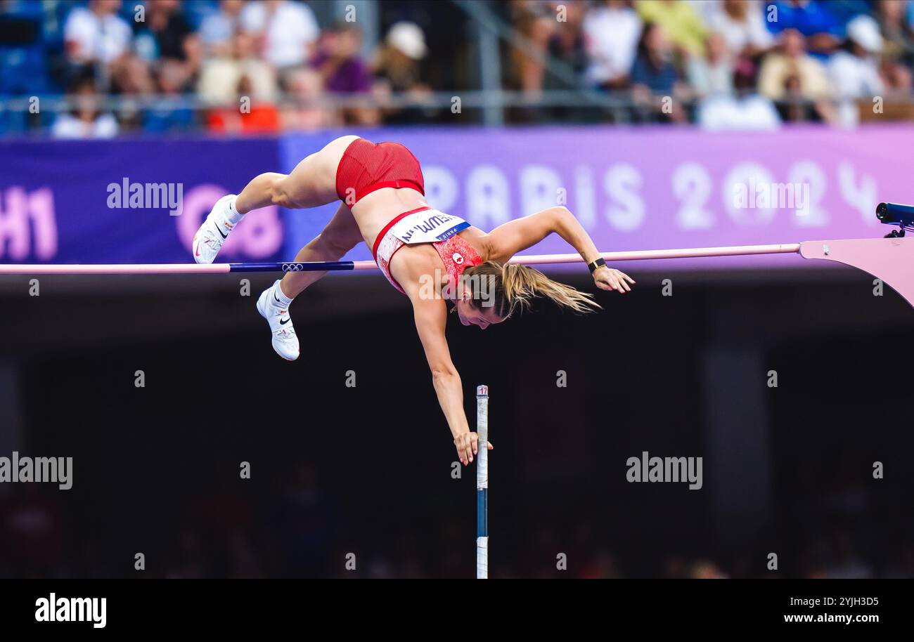 Alysha Newman participating in the pole vault at the Paris 2024 Olympic ...