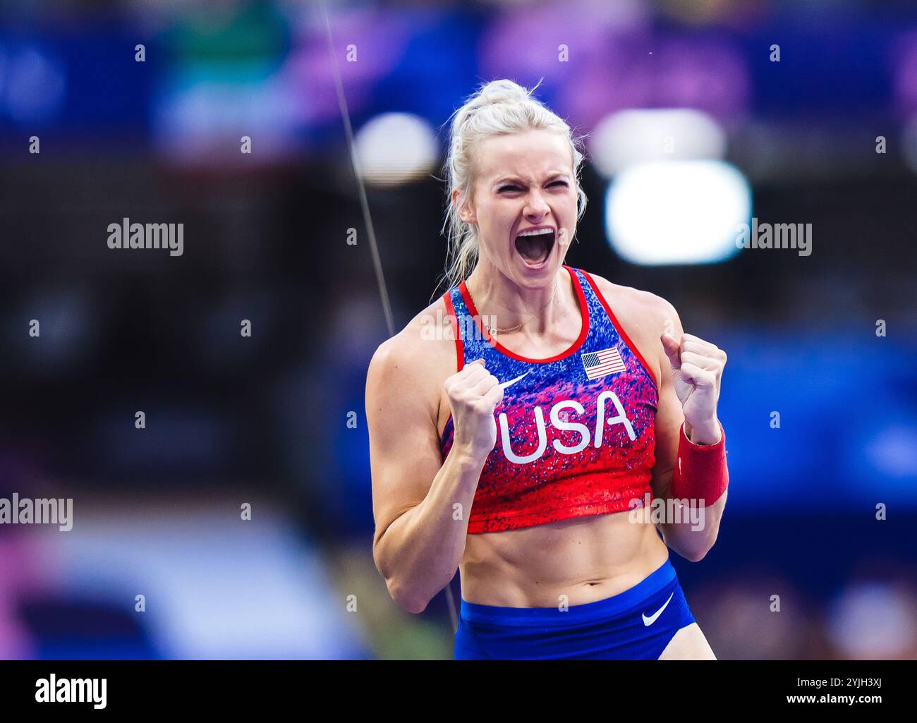 Katie Moon participating in the pole vault at the Paris 2024 Olympic ...