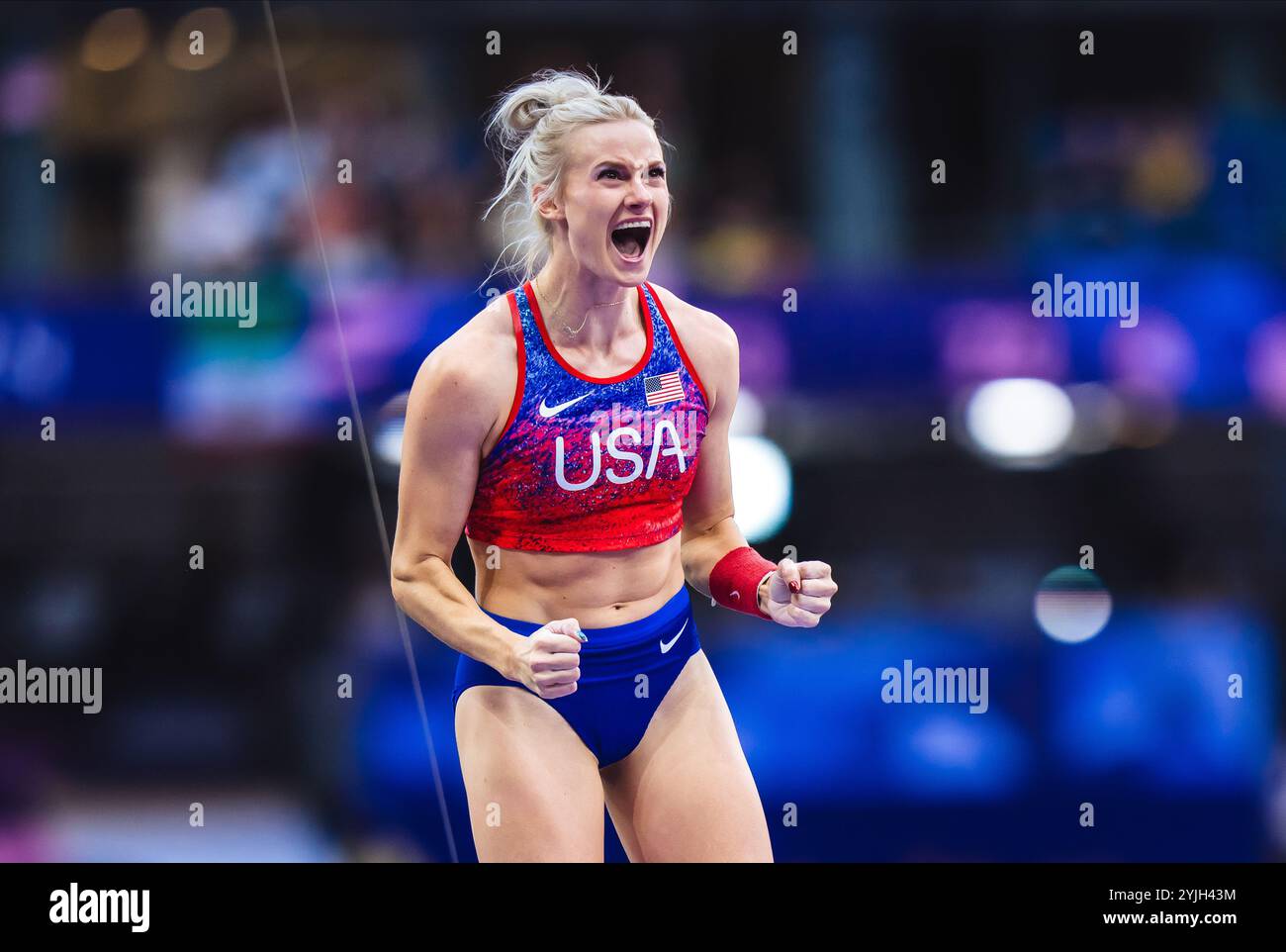 Katie Moon participating in the pole vault at the Paris 2024 Olympic ...