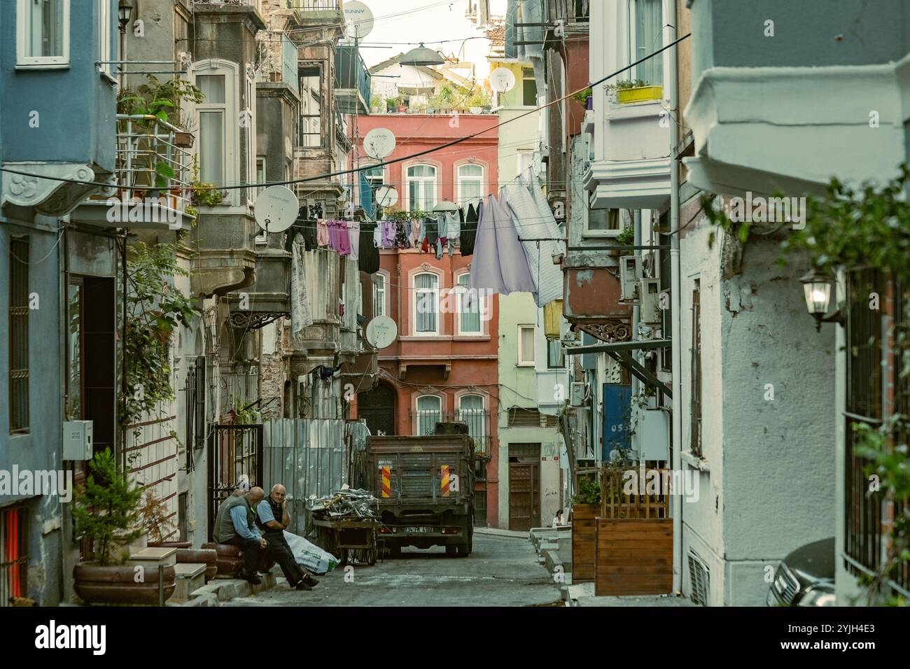 Old houses and laundry hanging between houses at Beyoglu area of ...