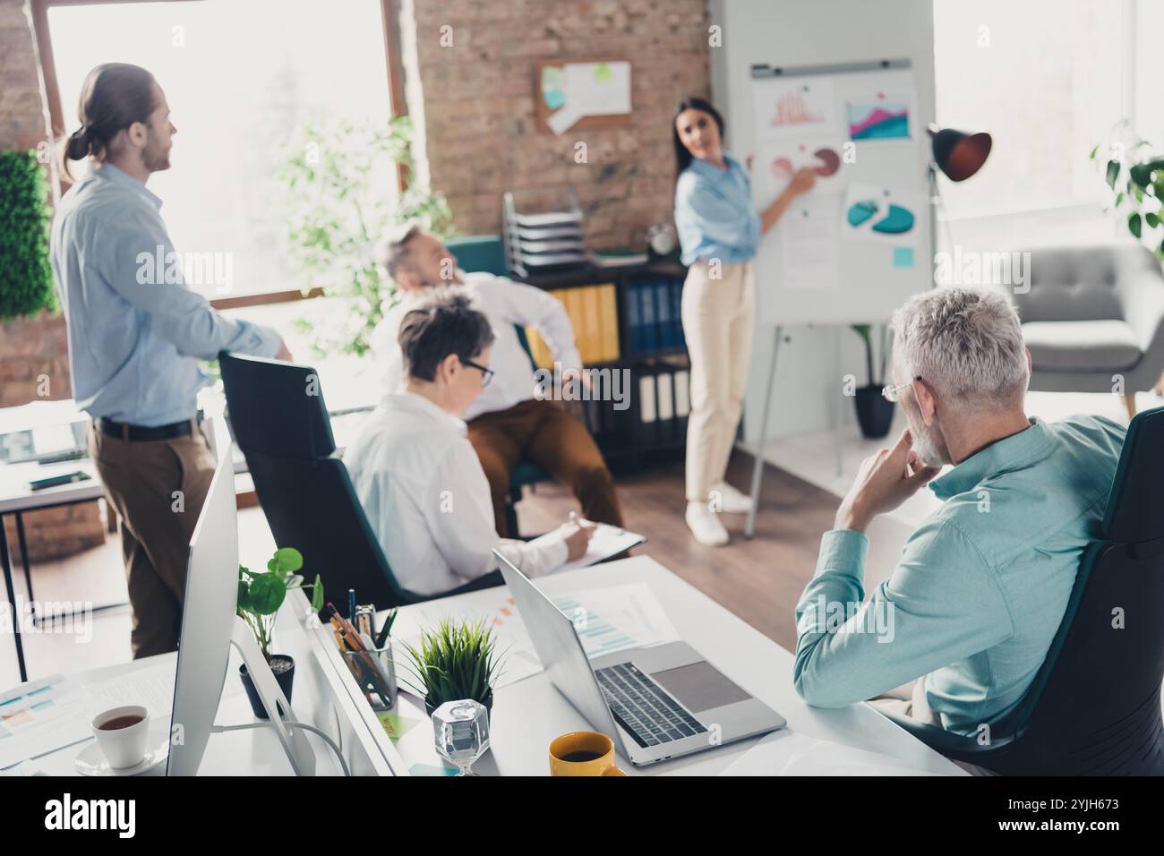 Full body photo of teamwork people working together graph trading ...