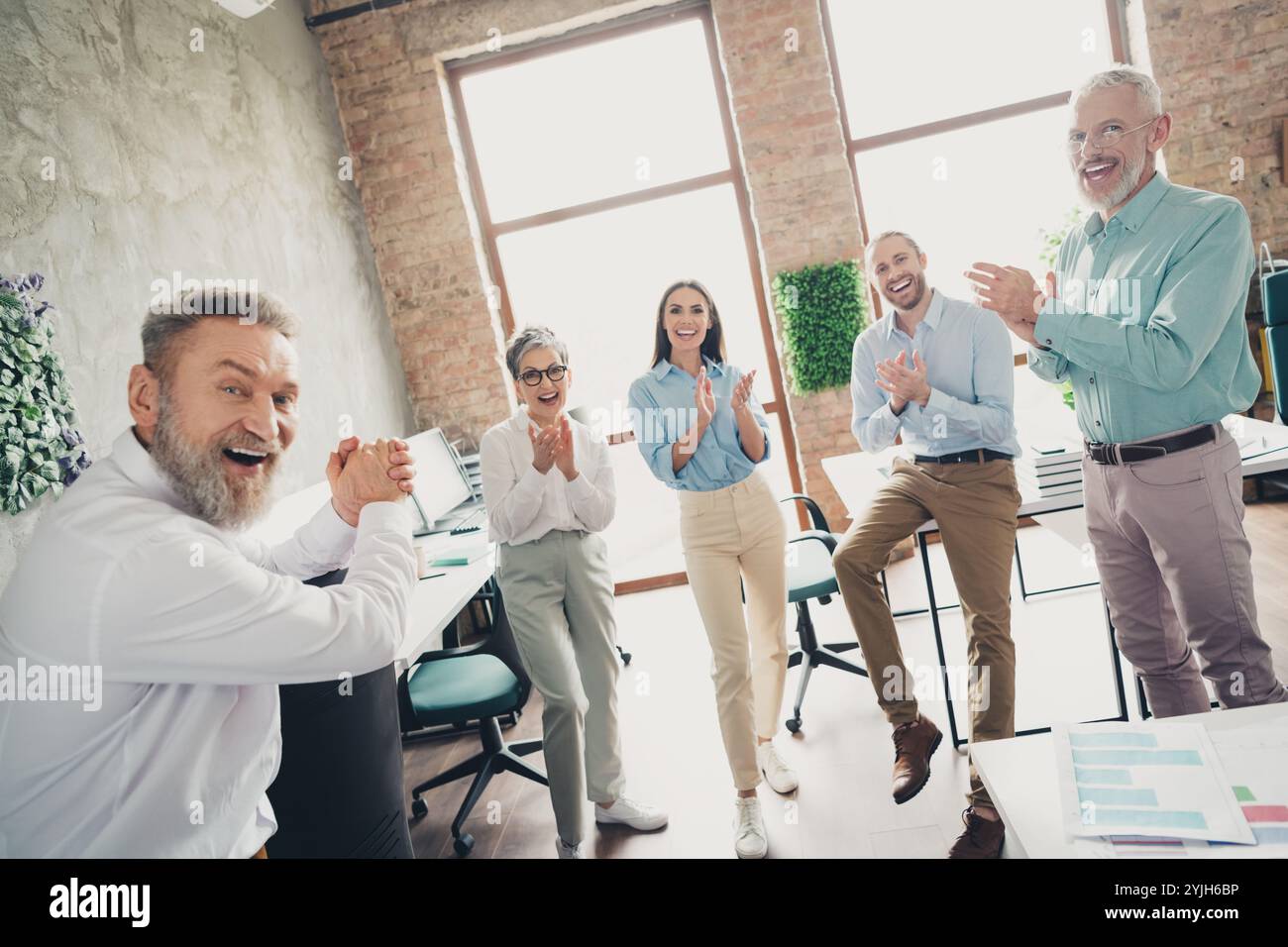 Photo of coworking project teamwork people applause congratulate ...