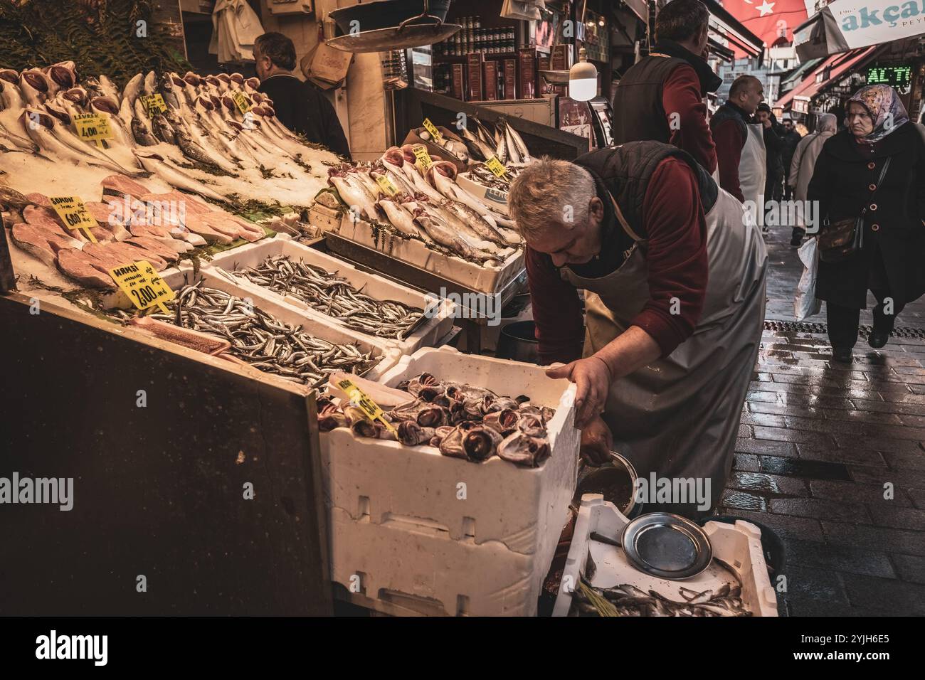 Traditional fish market at historical Asian park of Istanbul Turkey ...