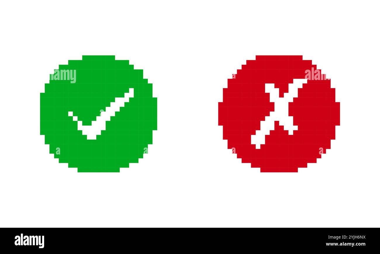 Correct and Wrong Indicators. Approval and Rejection Symbol in Pixel Art Style. Green Check and ...