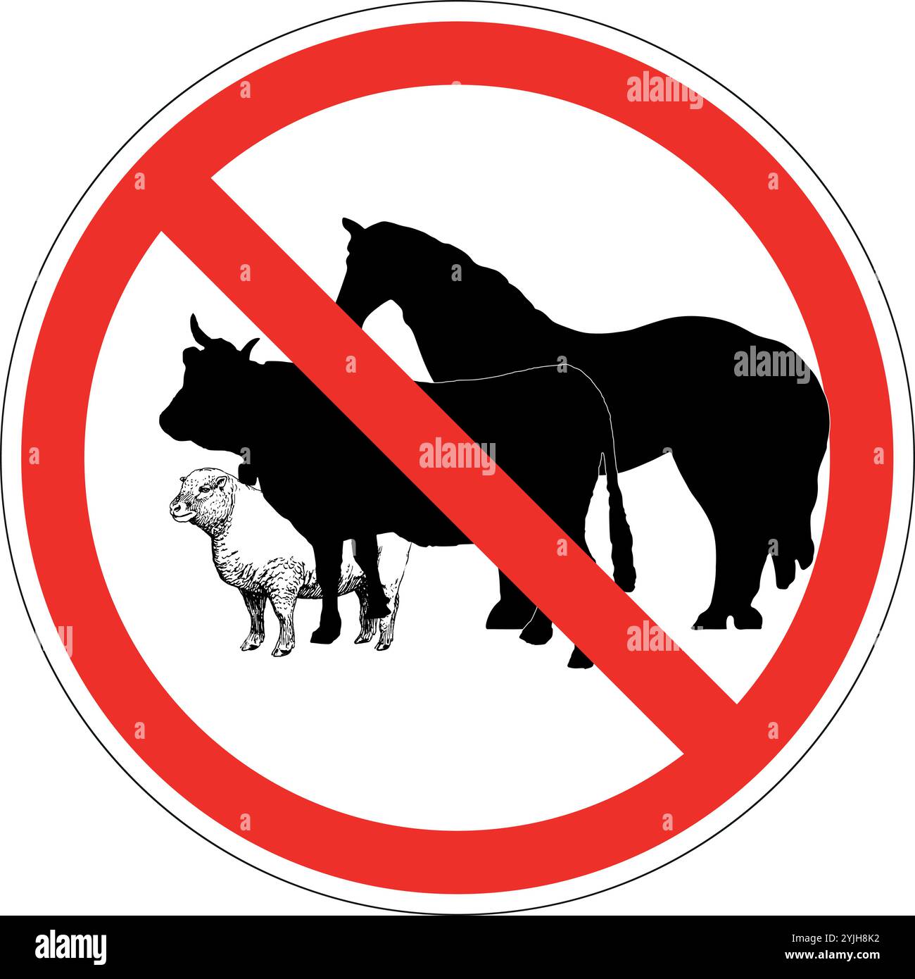 Round Irish sign on white background with red border: No farm animals ...