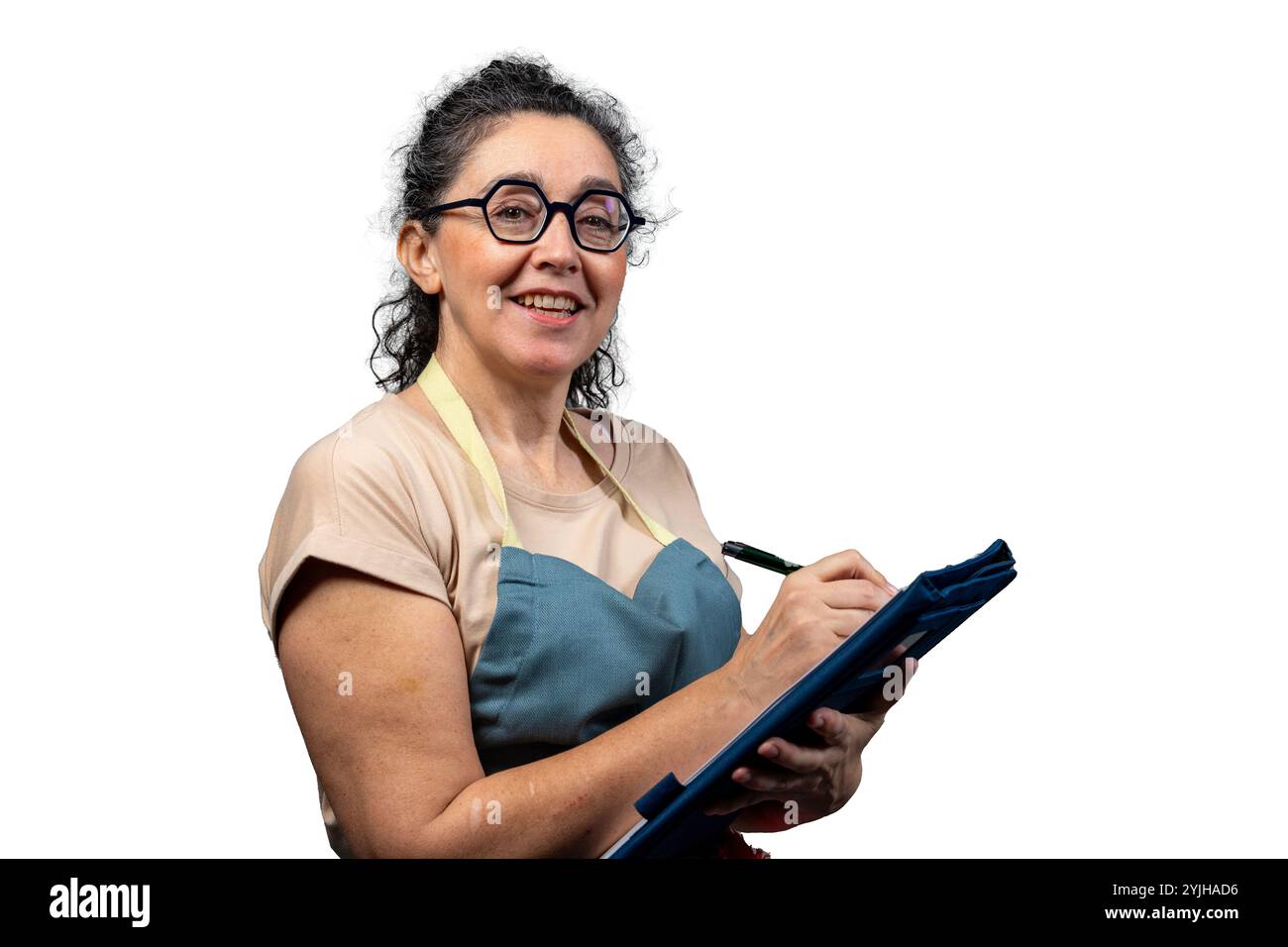 Smiling waitress taking orders, writing on clipboard, isolated on white ...