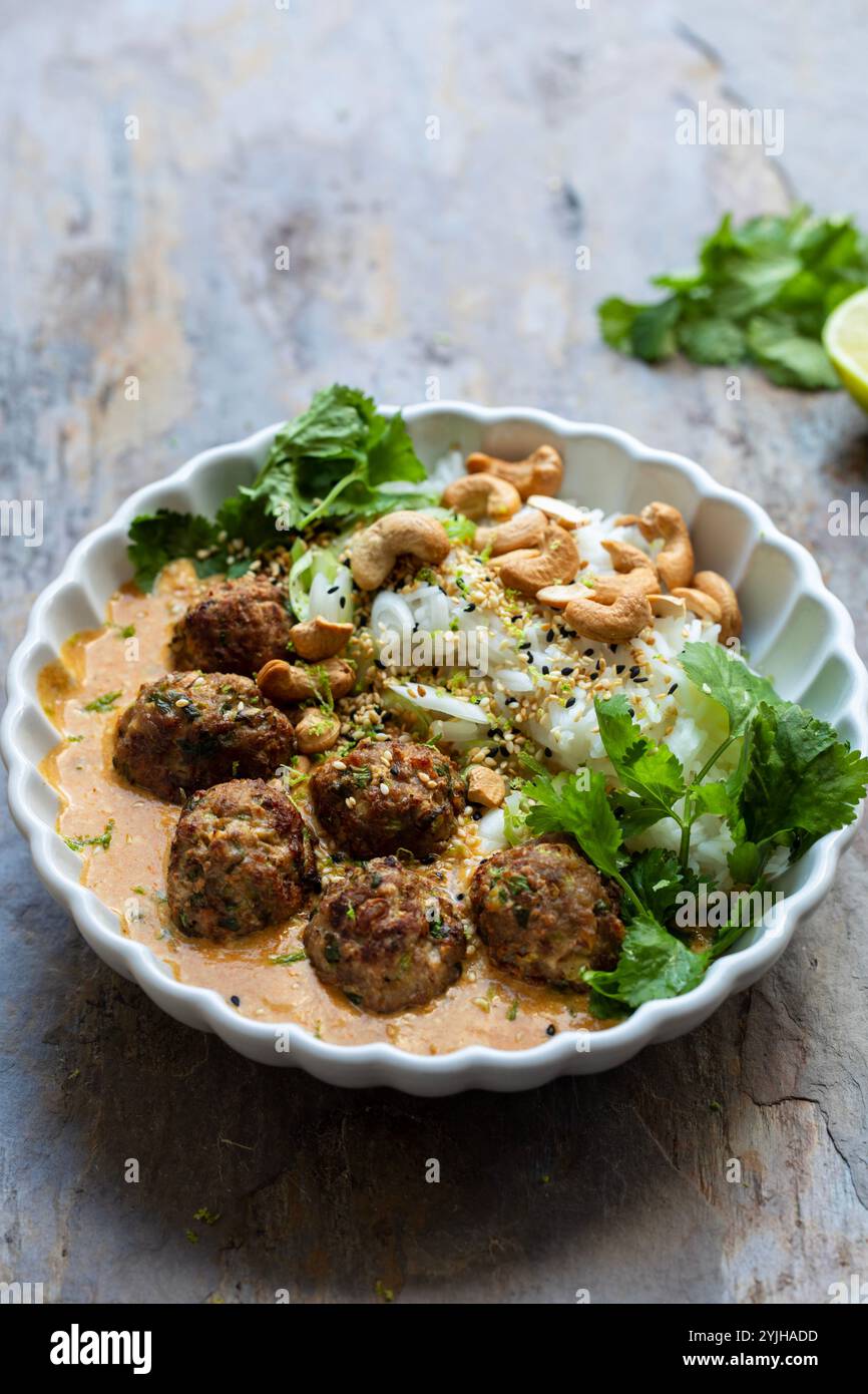 Turkey meat balls in thai curry sauce with rice, coriander and cashew ...