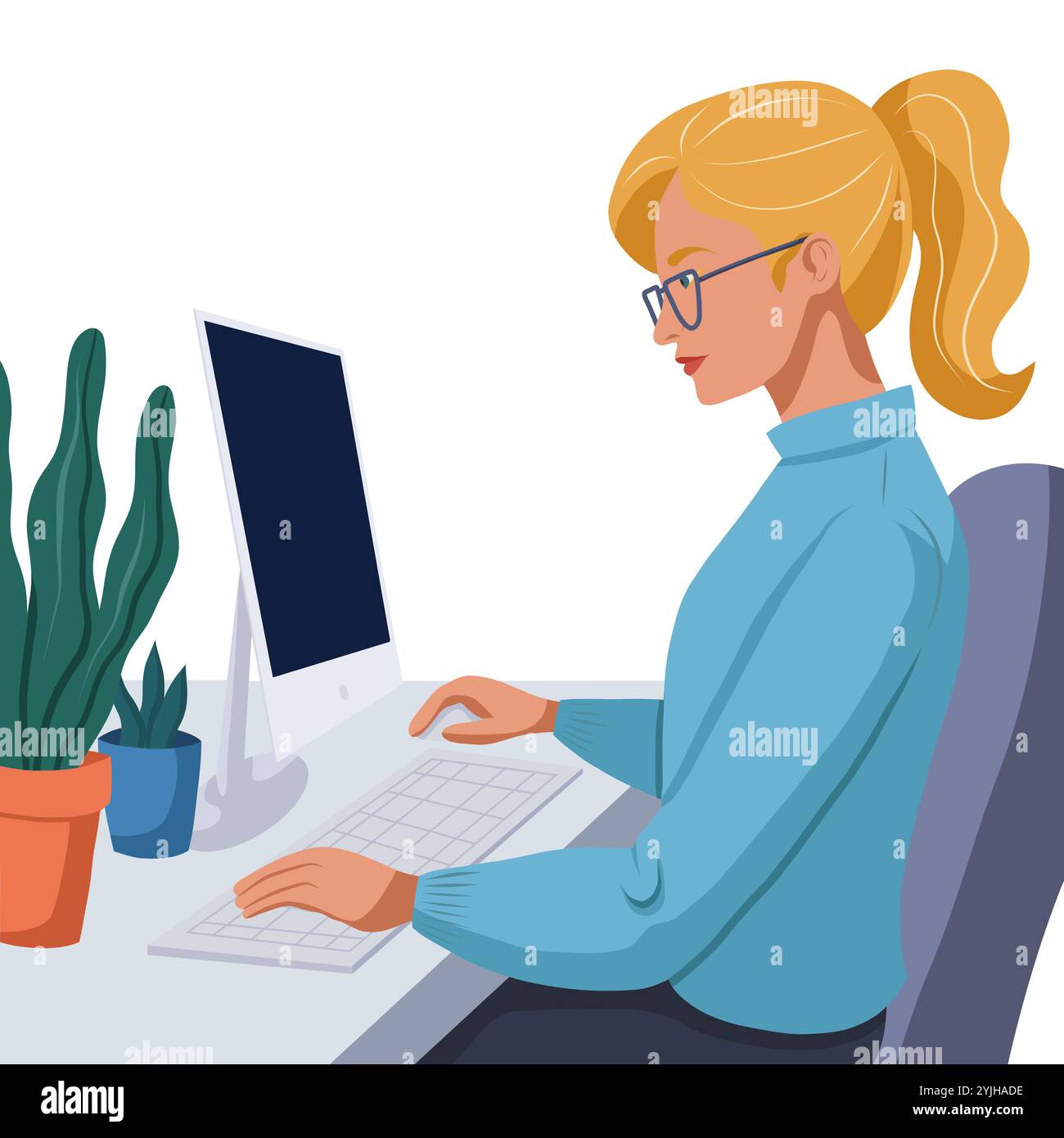Woman in office computer typing Stock Vector Images - Alamy