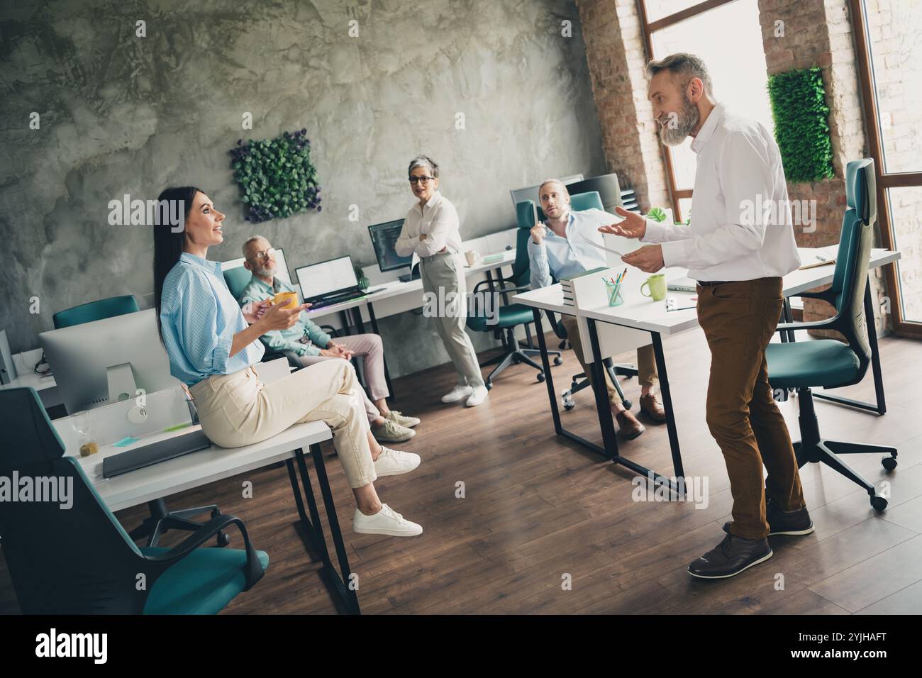 Full size photo of coworking project teamwork people coffee break work ...