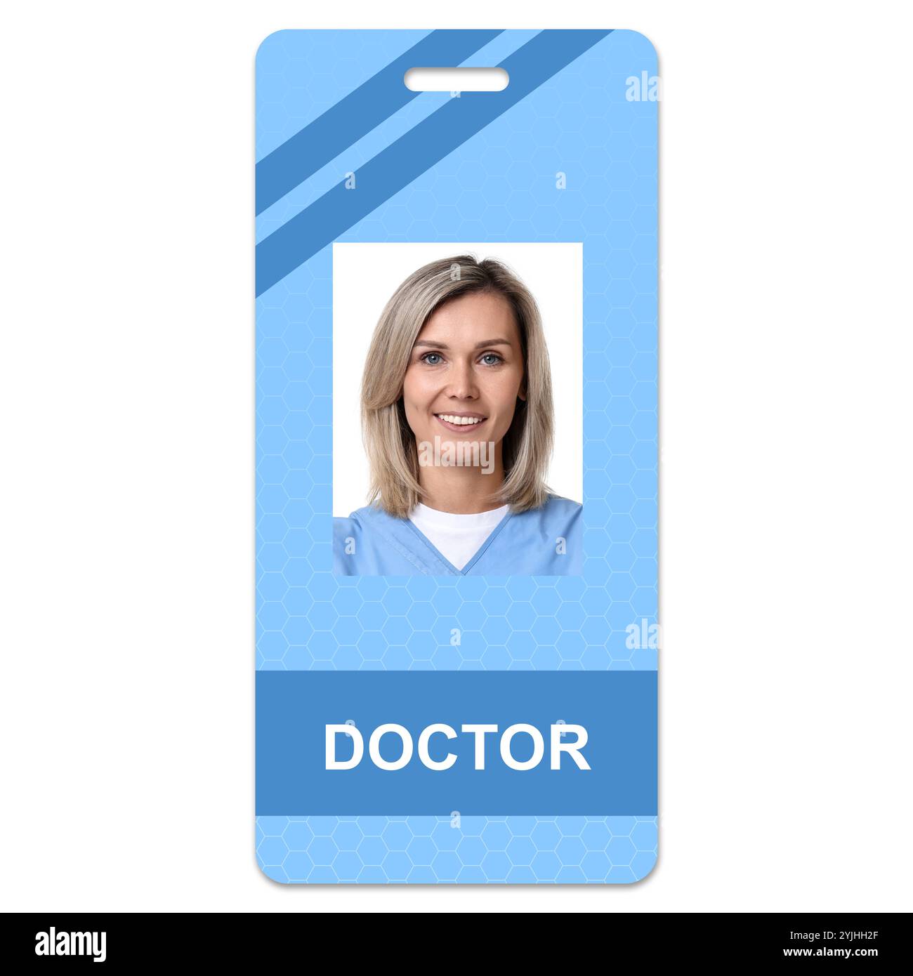 Doctor's badge with photo of woman on white background Stock Photo - Alamy