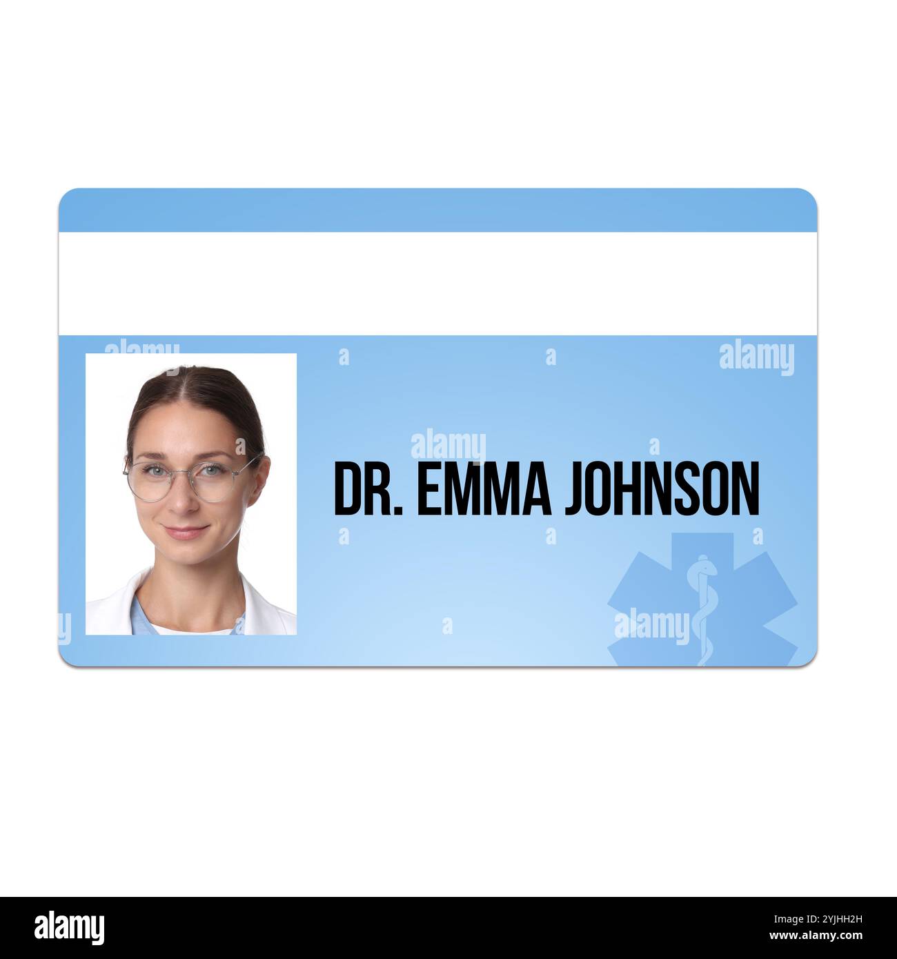 Doctor's badge with photo of woman on white background Stock Photo - Alamy
