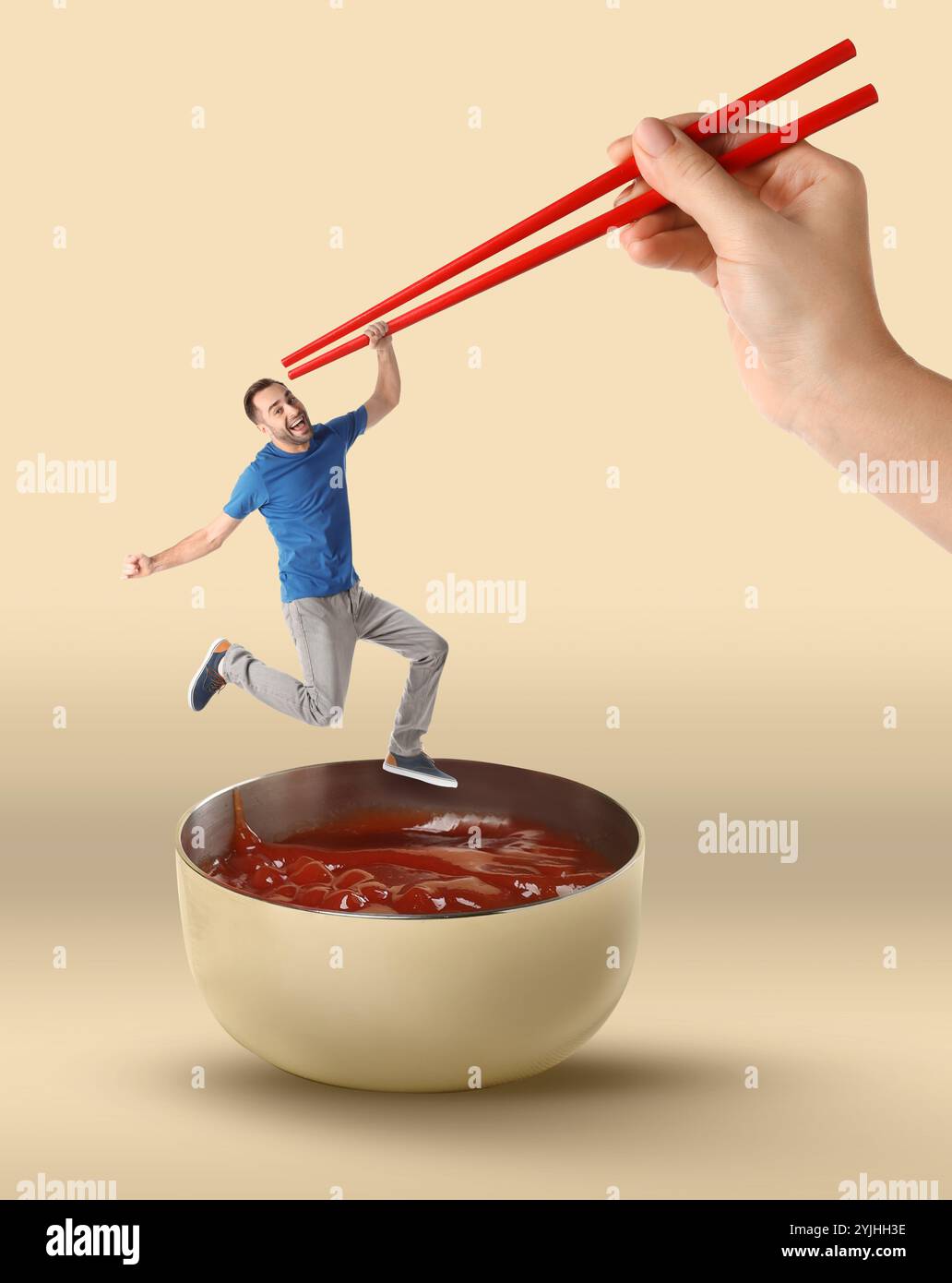 Creative collage with ketchup on beige background. Happy man hanging on ...