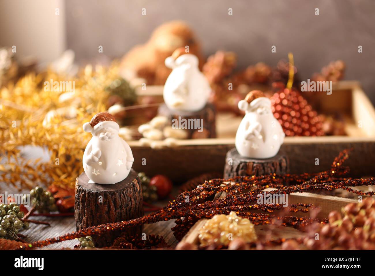 Autumn-themed Christmas decorations blending warm tones, fall foliage ...