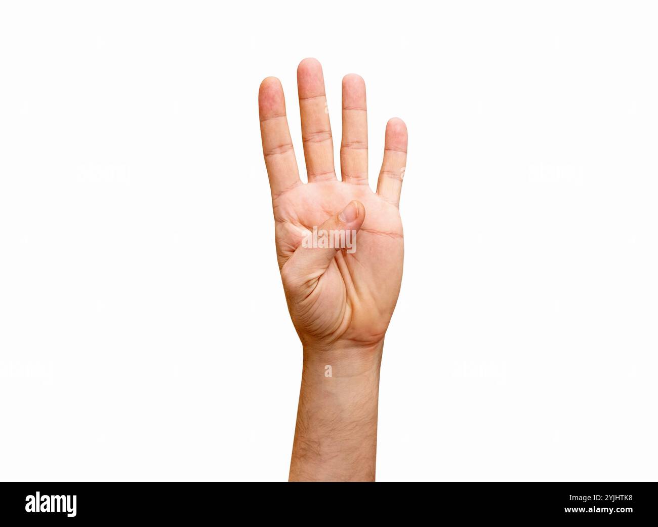 Isolated man’s hand showing four fingers. The thumb is bent inward to ...
