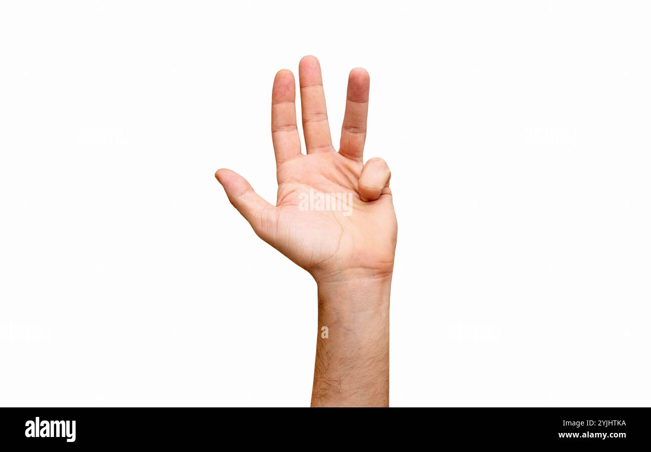 Isolated man’s hand showing four fingers. The little finger is bent ...