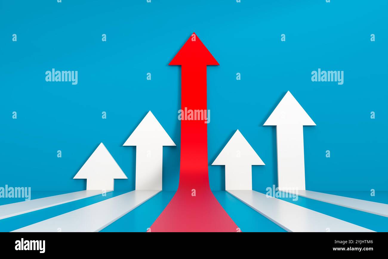 Concept of leadership, success and growth, with a red arrow leading the ...