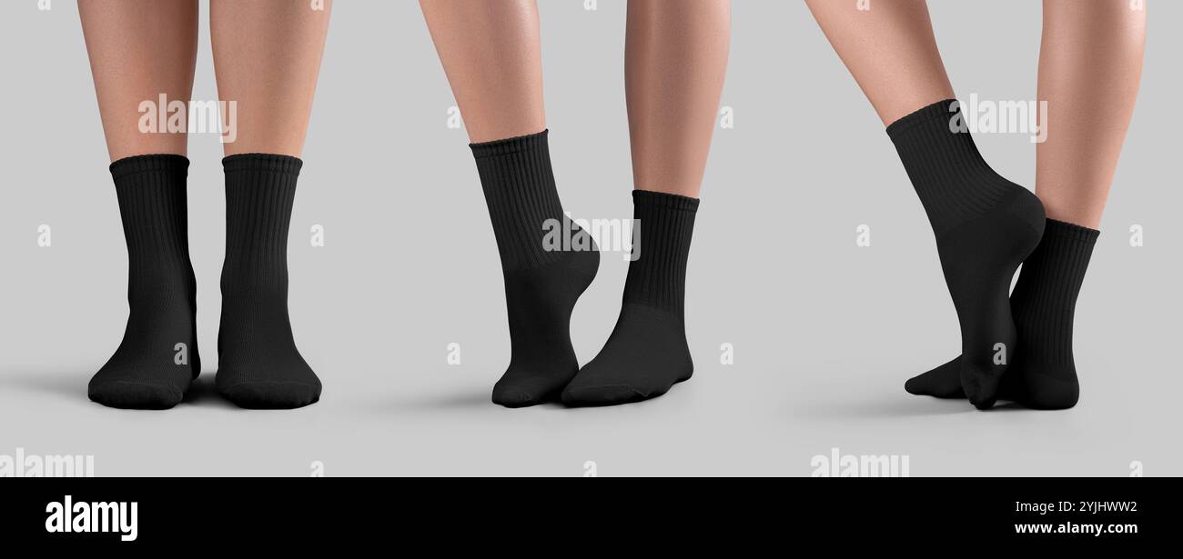 Mockup of black medium socks on women's foot, clothing with stretched ...