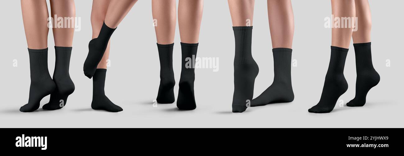 Mockup of black long socks on women's beautiful foot, with stretched ...