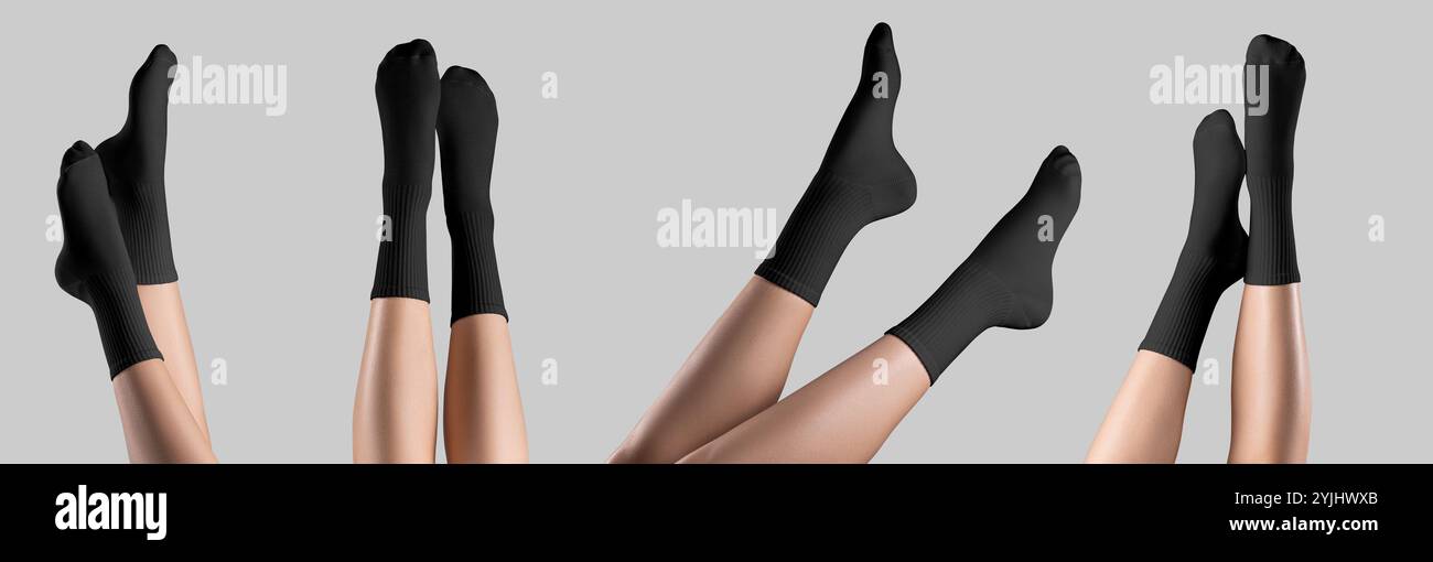 Template of black long socks on female foot, upside down, isolated on ...