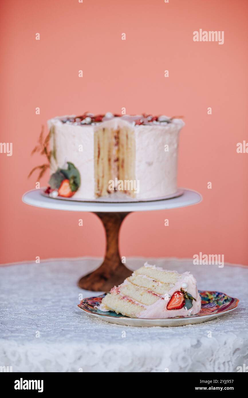 Slice birthday cake on pastel hi-res stock photography and images - Alamy