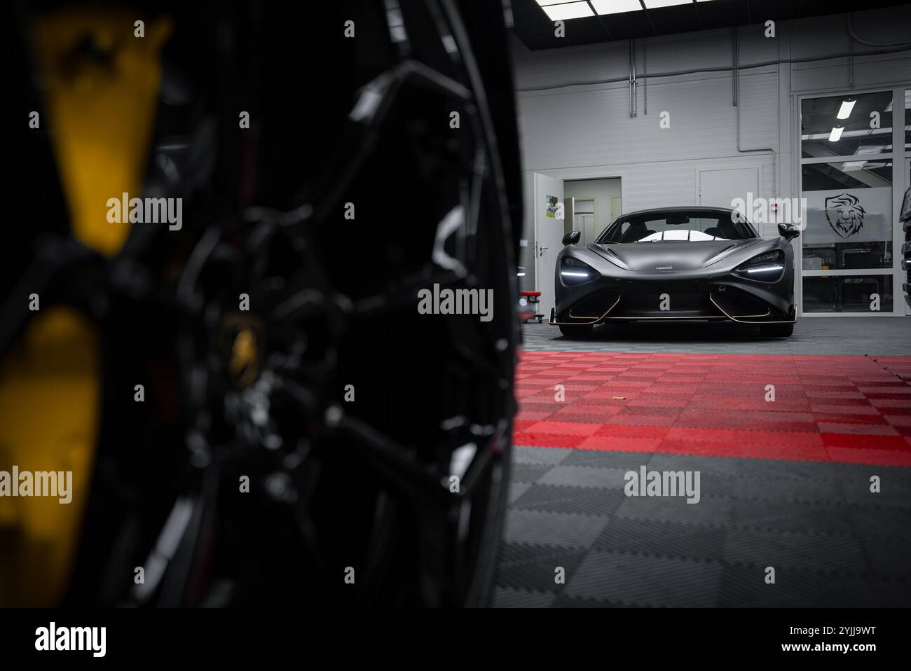McLaren 720S in Modern Garage with Checkered Floor and Lamborghini ...
