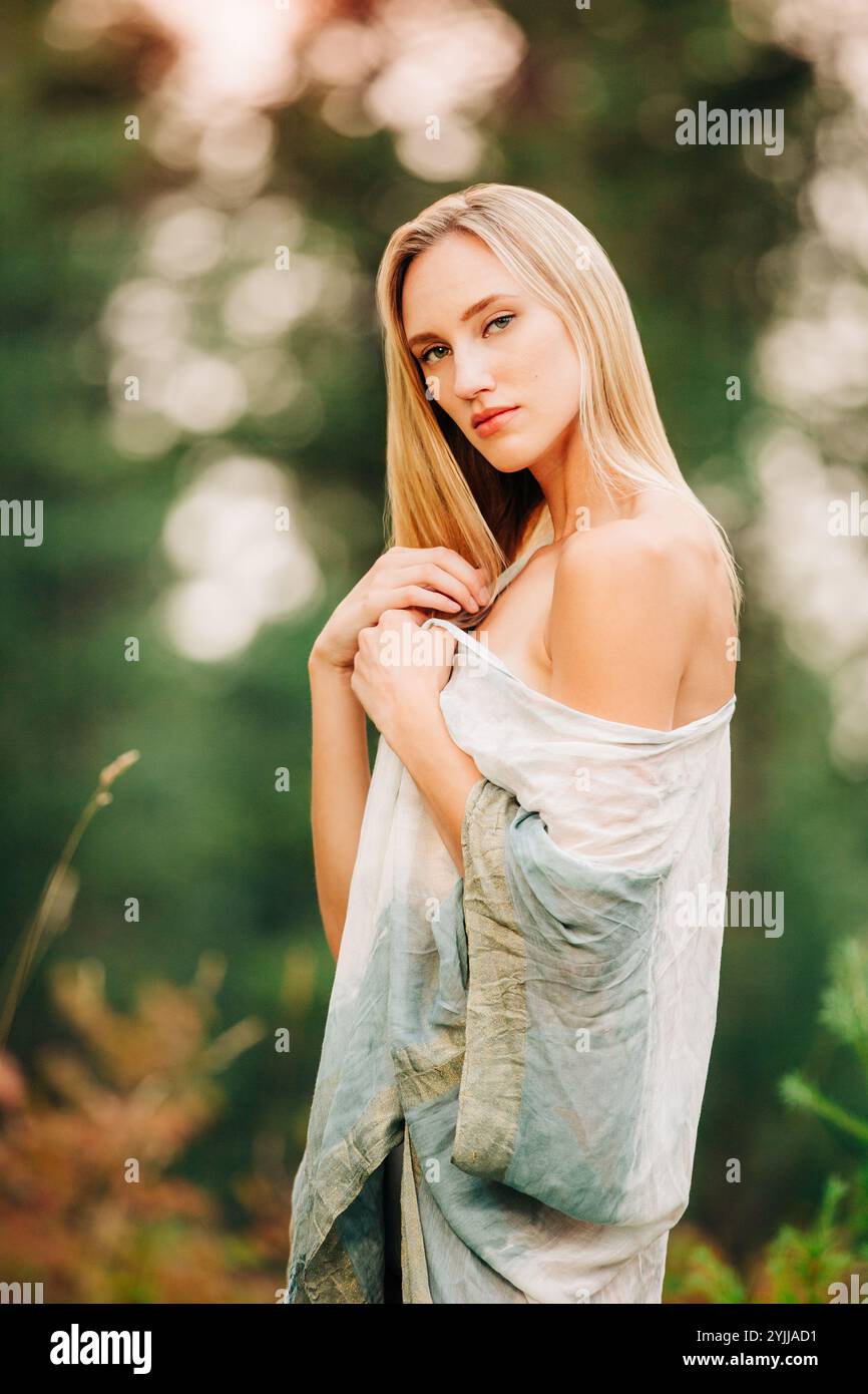 22 Year Old Caucasian Female Beauty Wearing Pastel Shawl in Forest ...