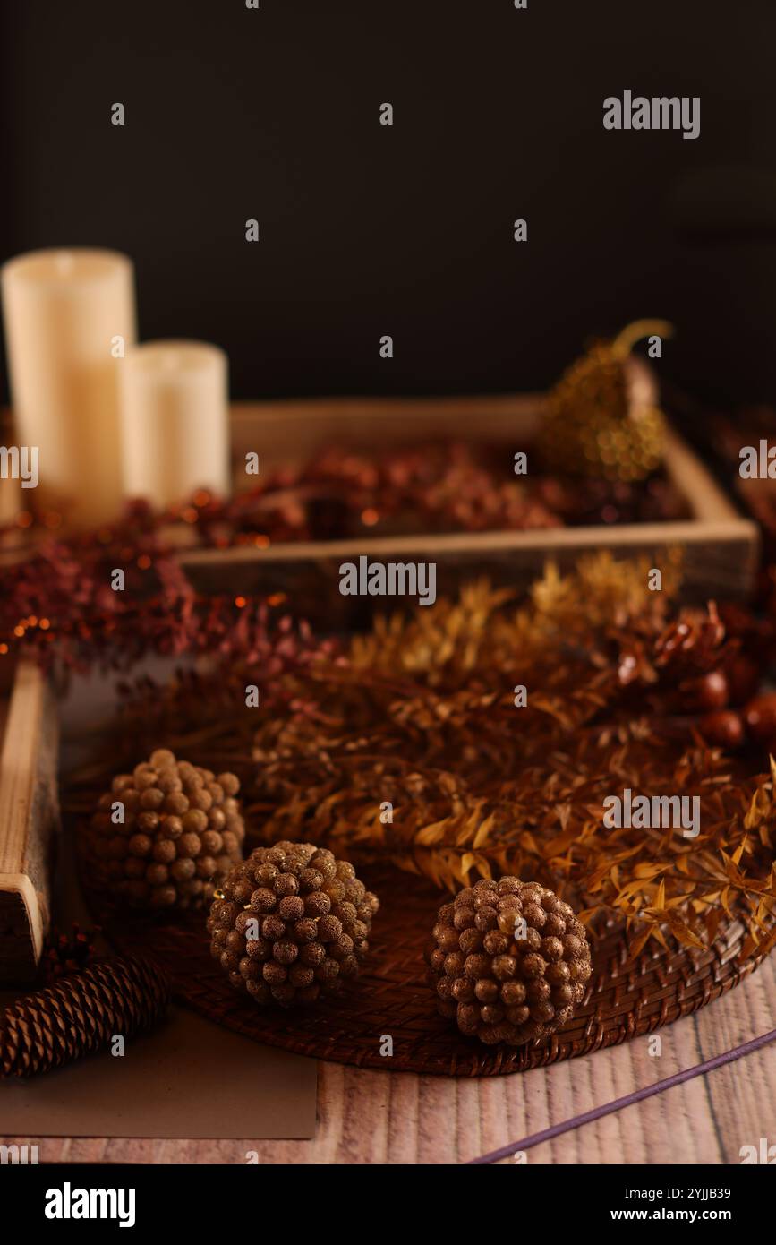 Autumn-themed Christmas decorations blending warm tones, fall foliage ...