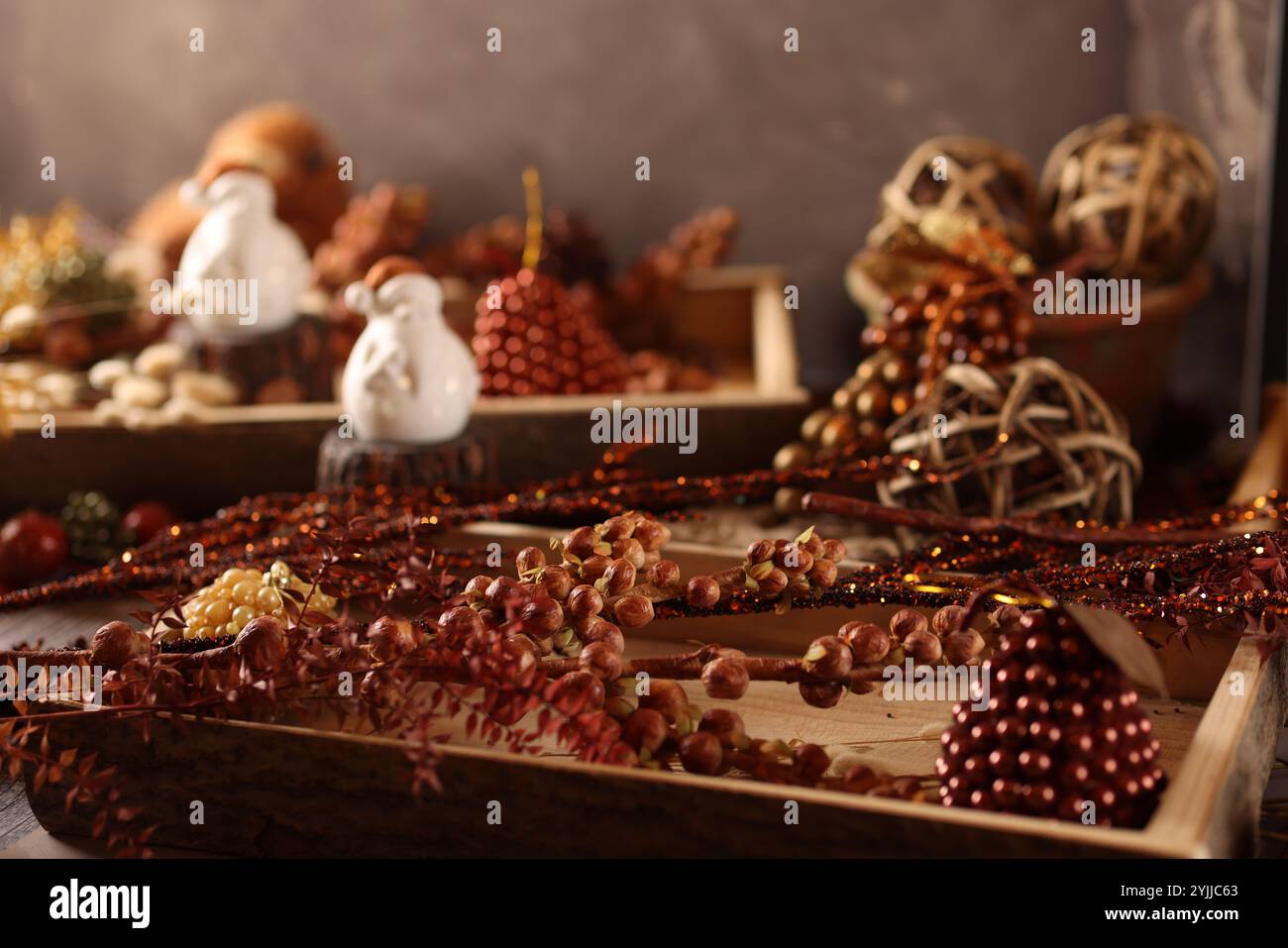 Autumn-themed Christmas decorations blending warm tones, fall foliage ...