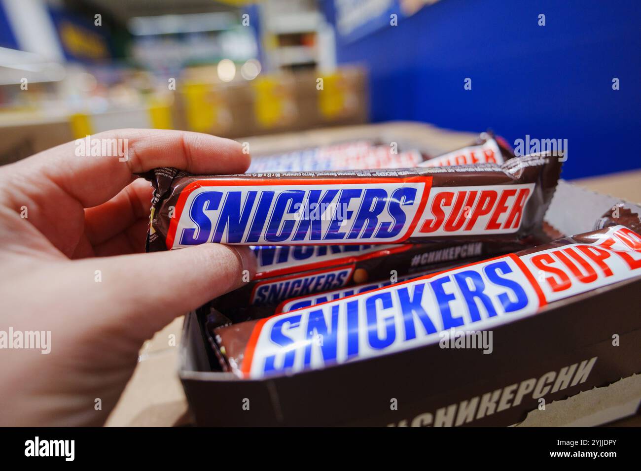 Tyumen, Russia-November 02, 2024: Snickers chocolate bar. Snickers bars ...