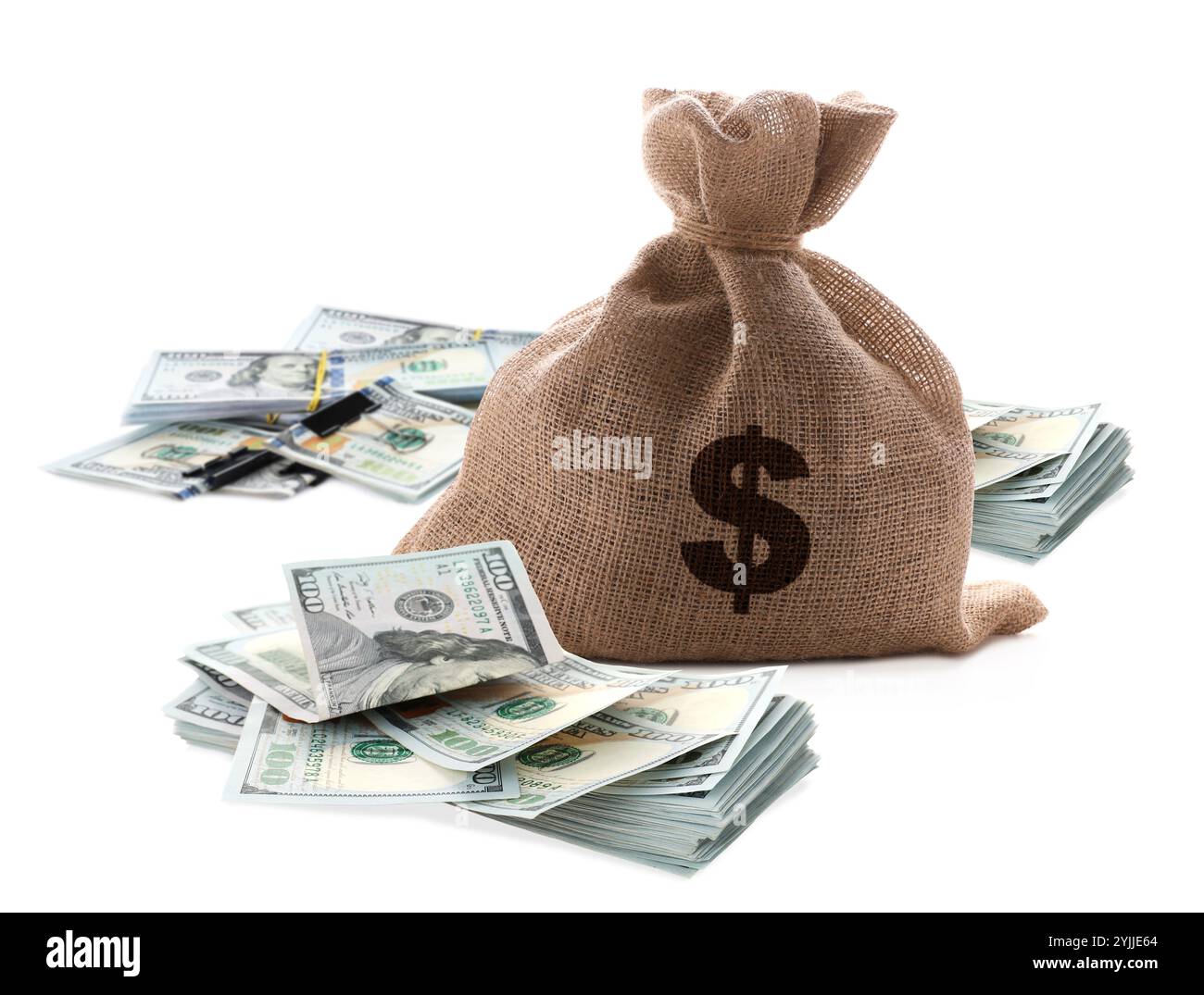 Burlap sack with dollar bills and currency symbol isolated on white ...