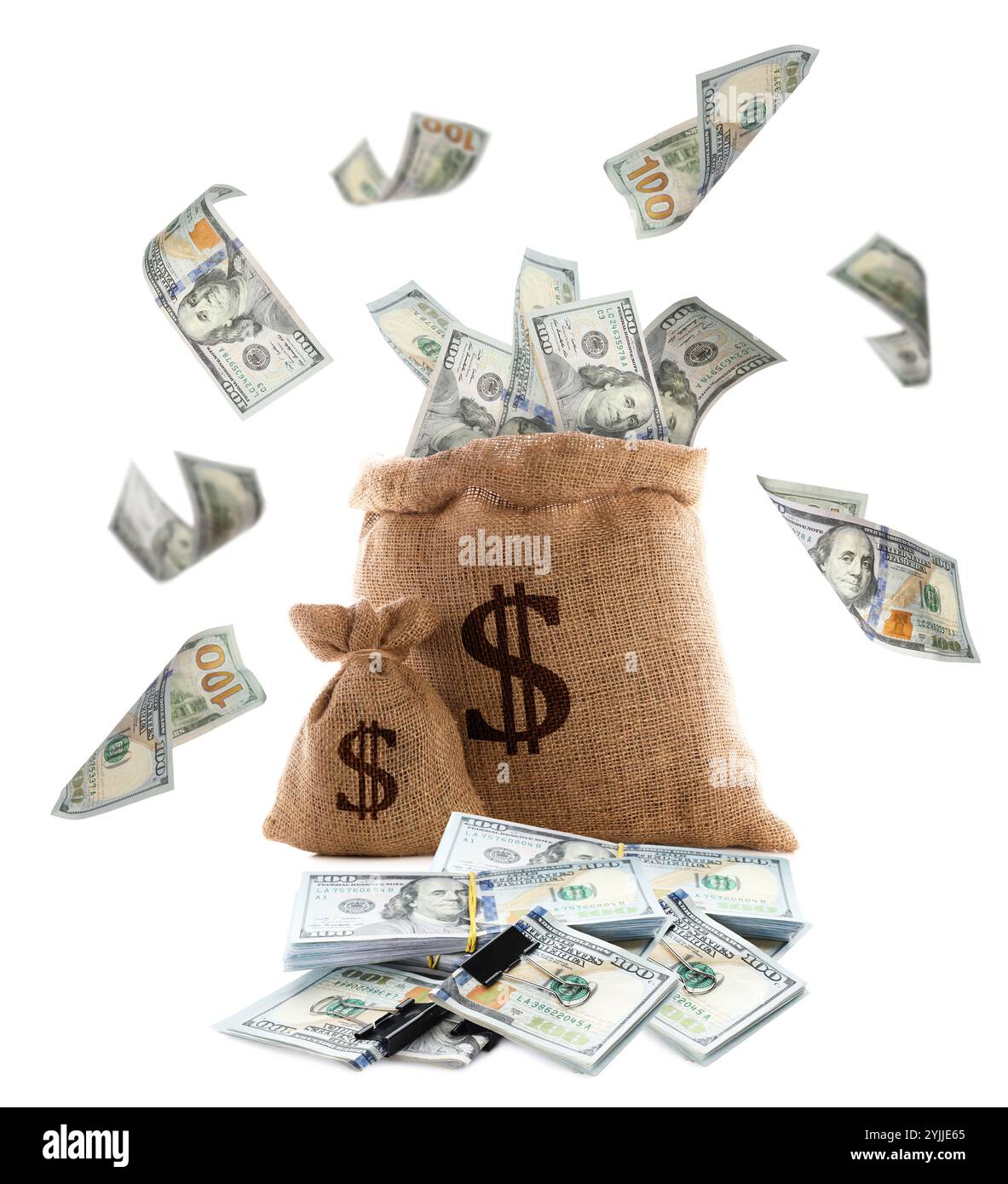Dollar bills flying around burlap sacks with currency symbols on white ...