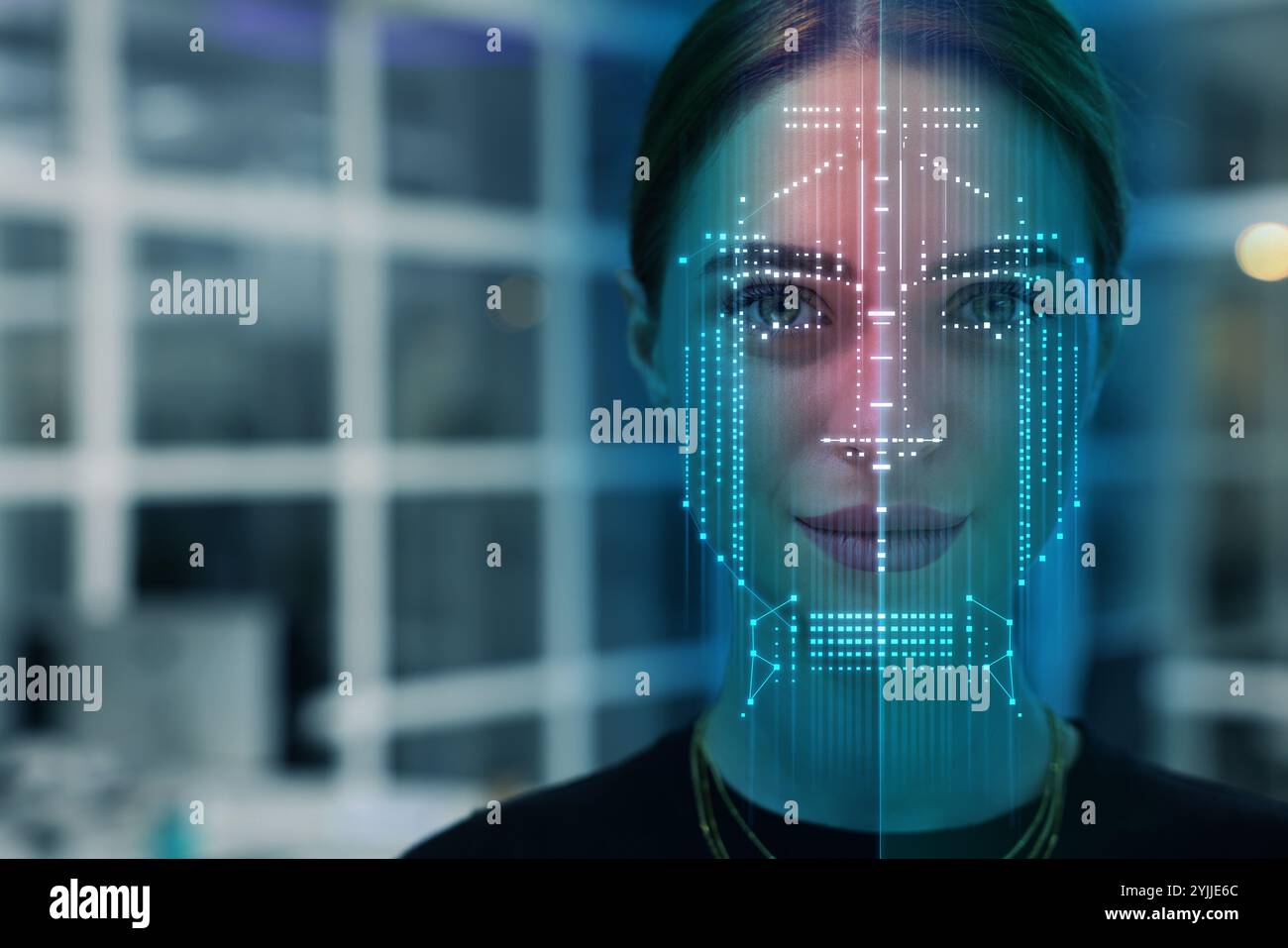 Facial recognition system. Woman undergoing biometric verification in ...