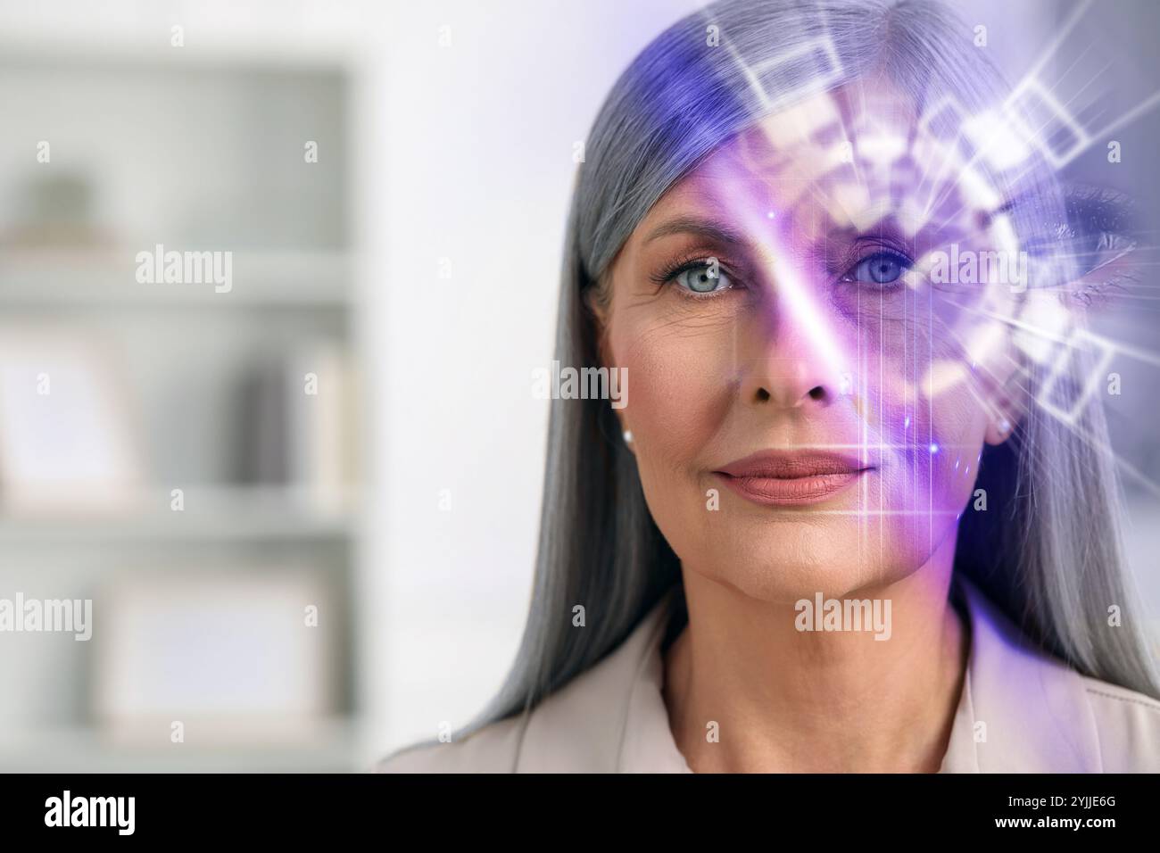 Facial and iris recognition system. Woman undergoing biometric ...