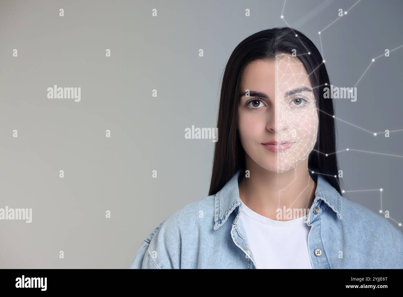 Facial recognition system. Woman undergoing biometric verification on ...