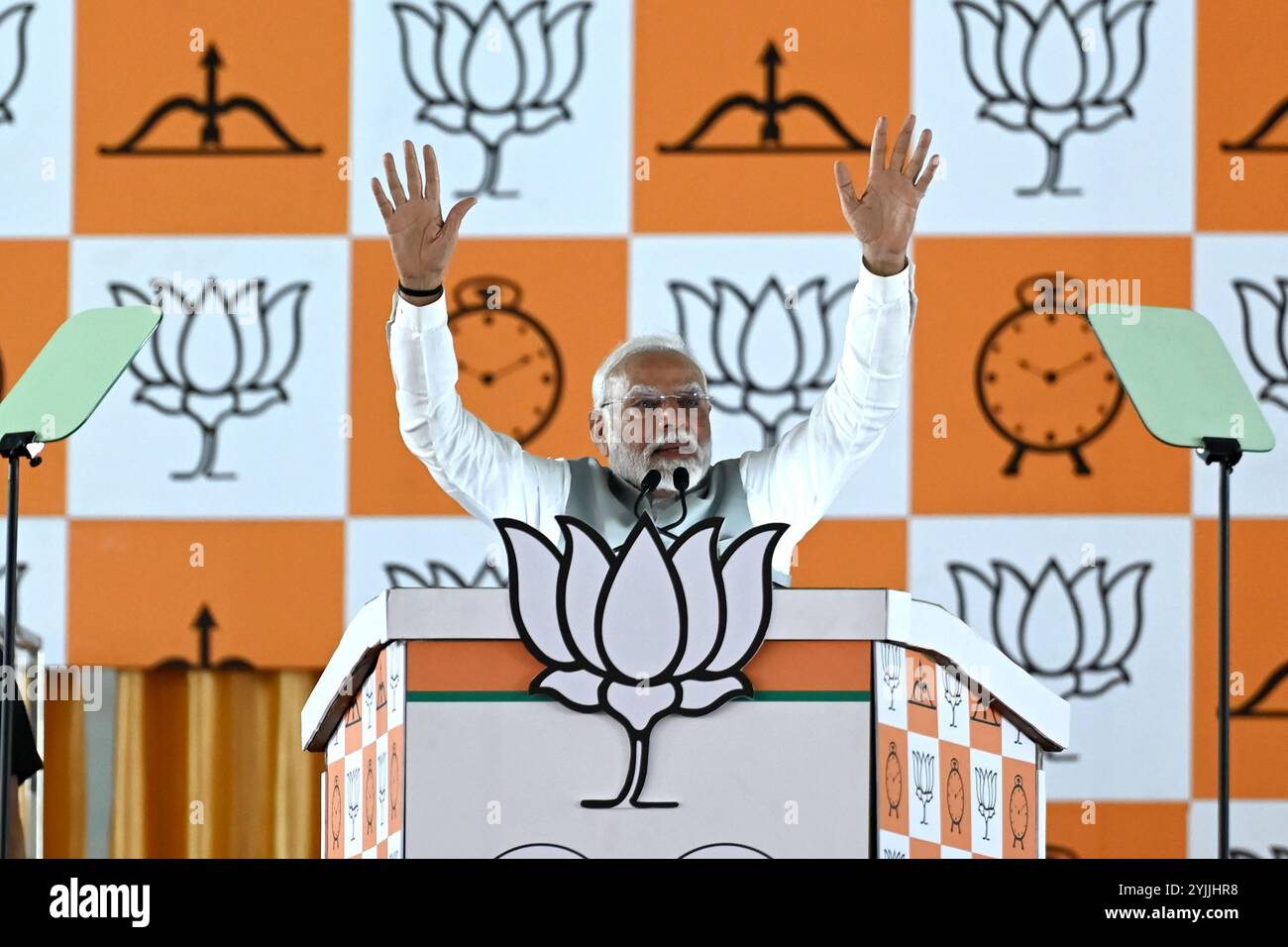 NAVI MUMBAI, INDIA - NOVEMBER 14: PM Narendra Modi during Mahayuti ...