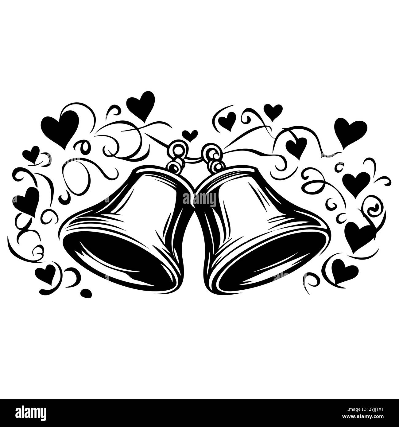Decorative black and white illustration of two wedding bells with ...