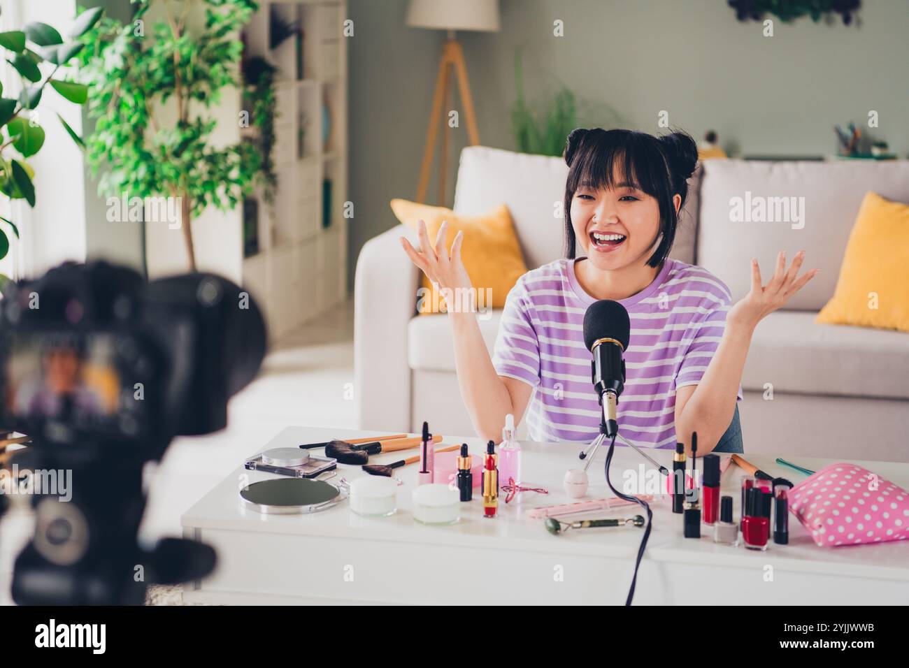 Photo of pretty cheerful lady wear striped violet t-shirt talking mic ...