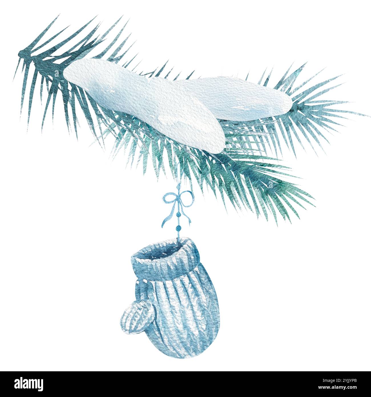 Branches of a fir tree with snow and a knitted mitten, watercolor ...