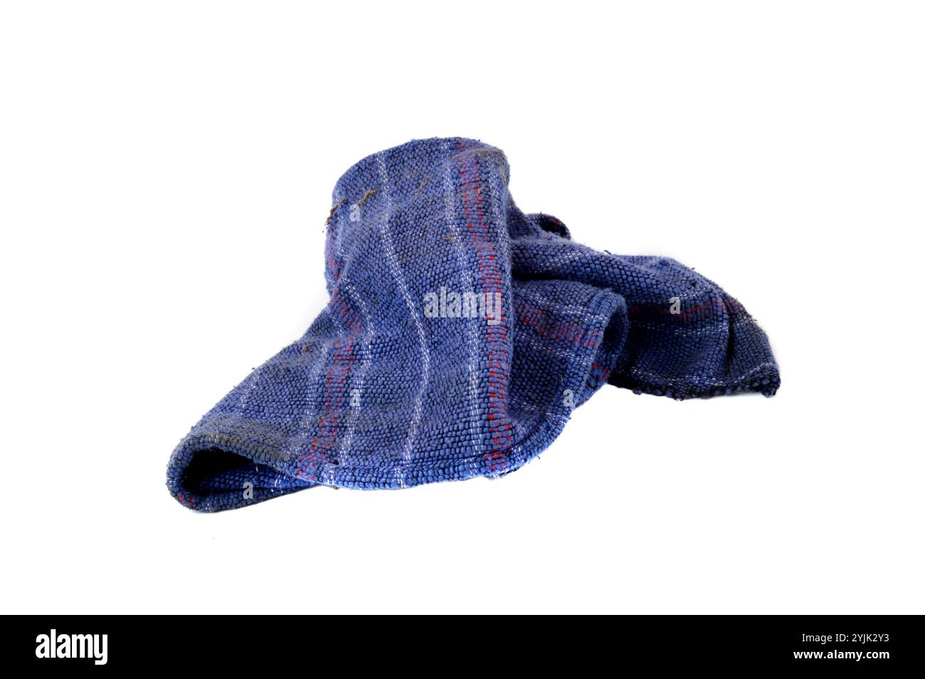 old used blue cloth duster on white background Stock Photo - Alamy