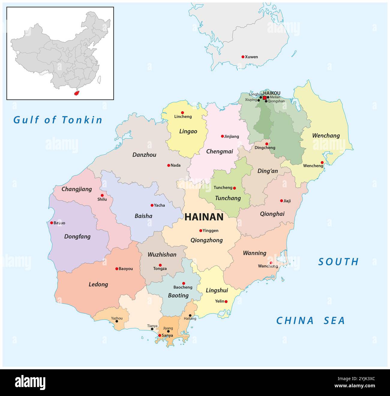 Administrative map of the Chinese island province of Hainan Stock Photo ...