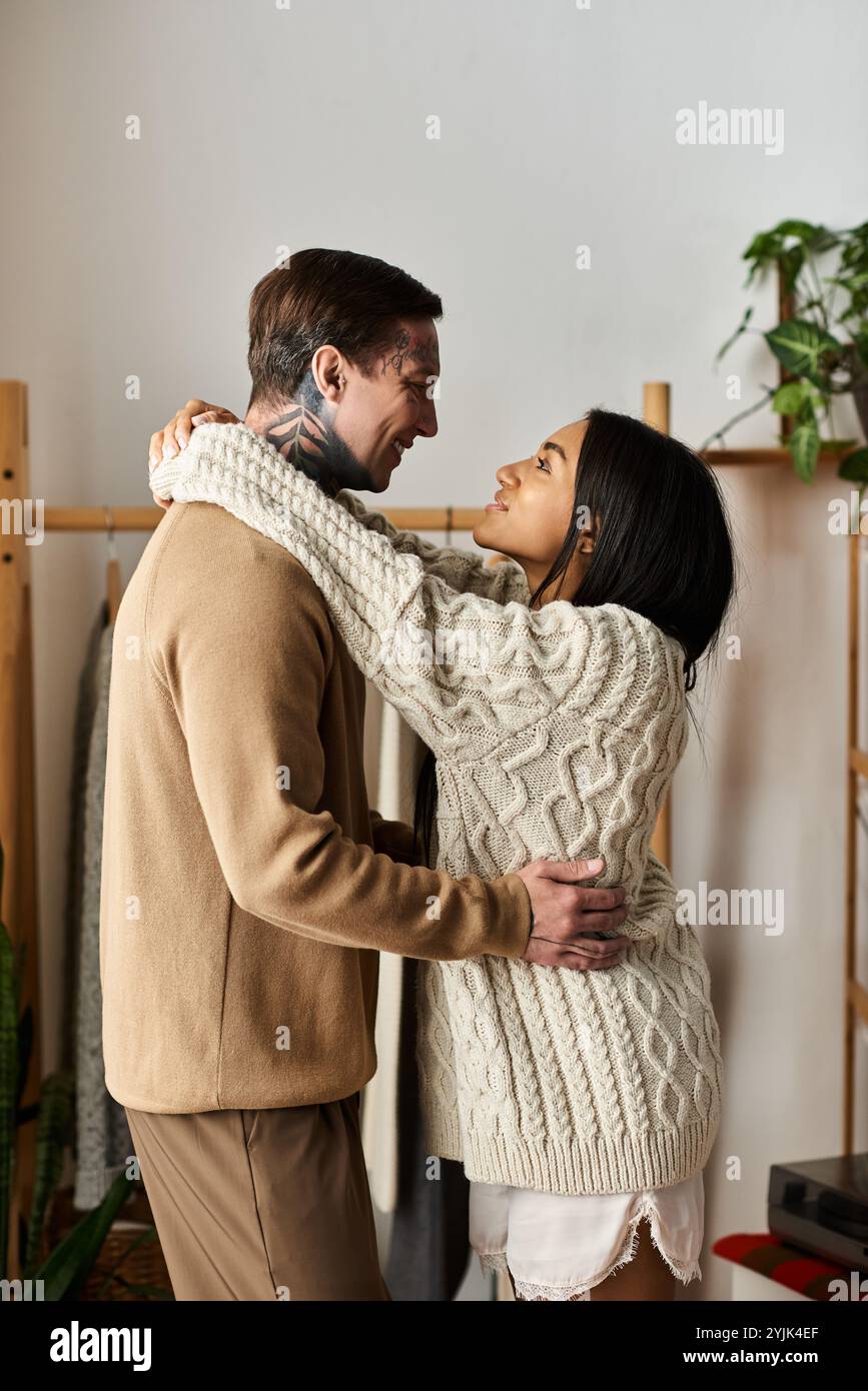 Two people joyfully embrace, celebrating Christmas in a festive ...