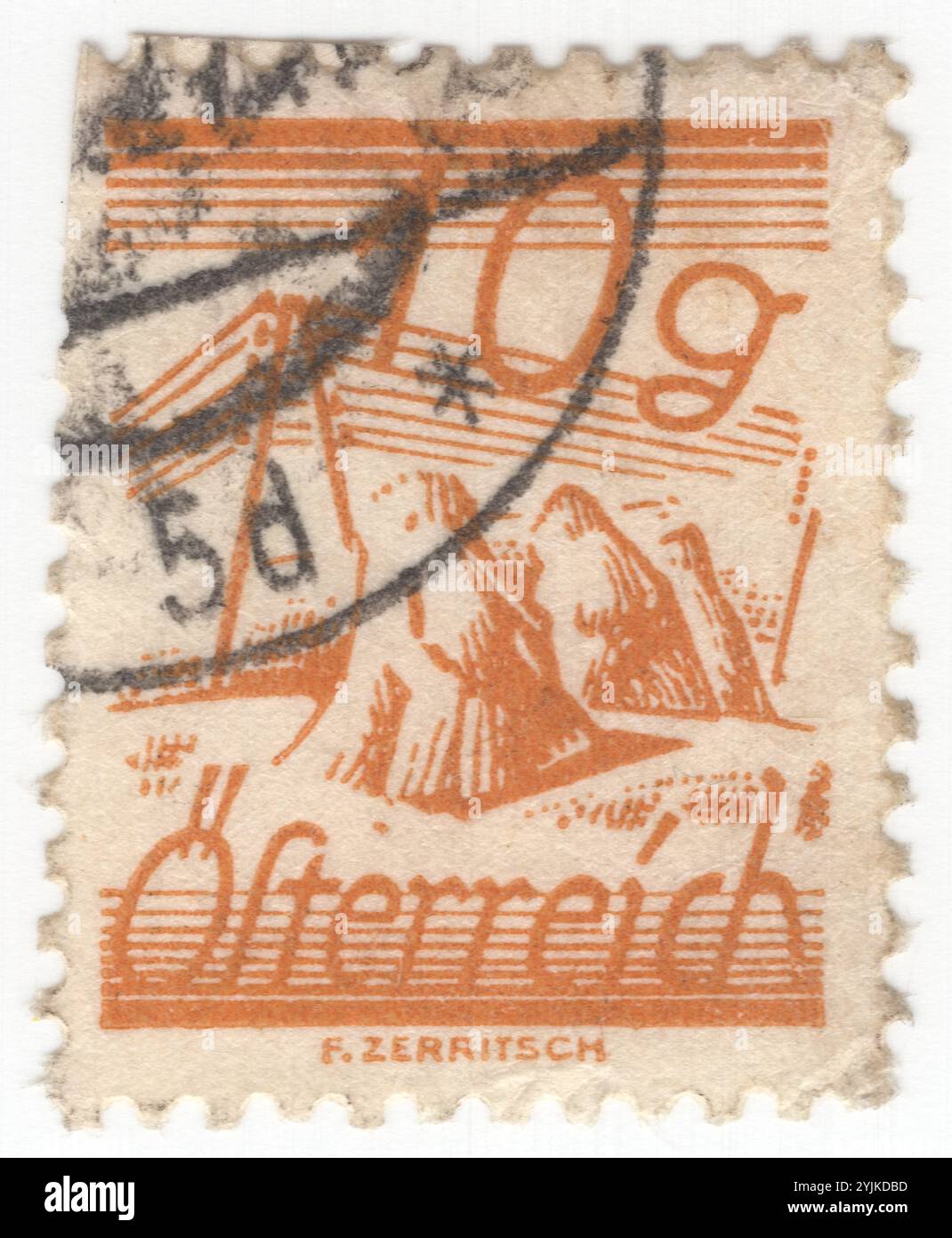 AUSTRIA - 1925 June 01: 10 groschen orange postage stamp depicting ...