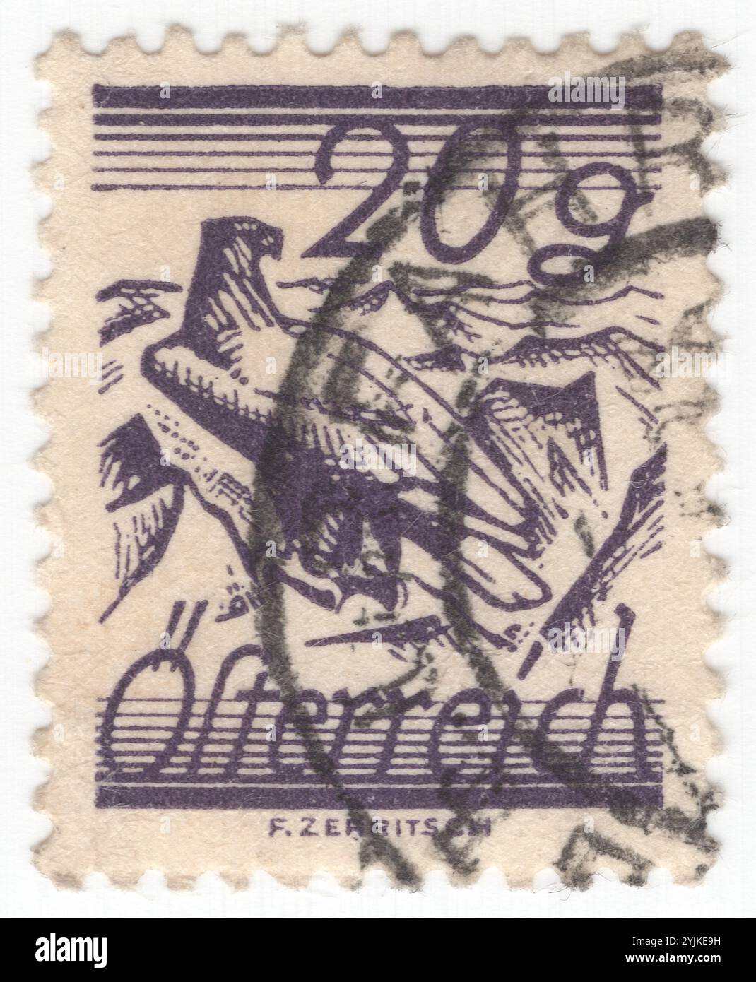 AUSTRIA - 1925 June 01: 20 groschen dark violet postage stamp depicting ...