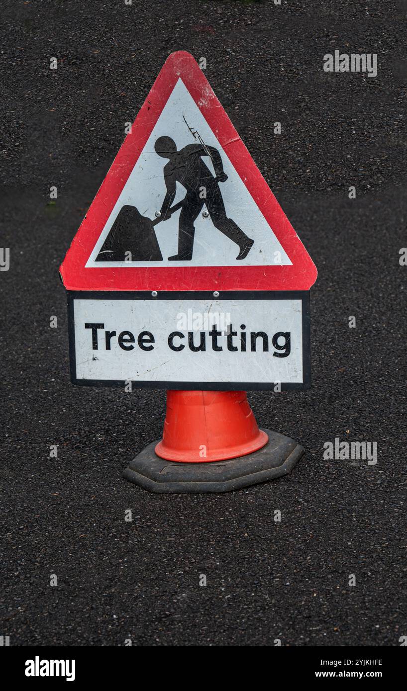 A triangular tree cutting sign placed on road as a warning to passersby ...