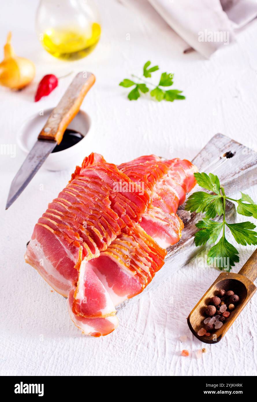 smoked becon slices for hot pot on a table Stock Photo - Alamy
