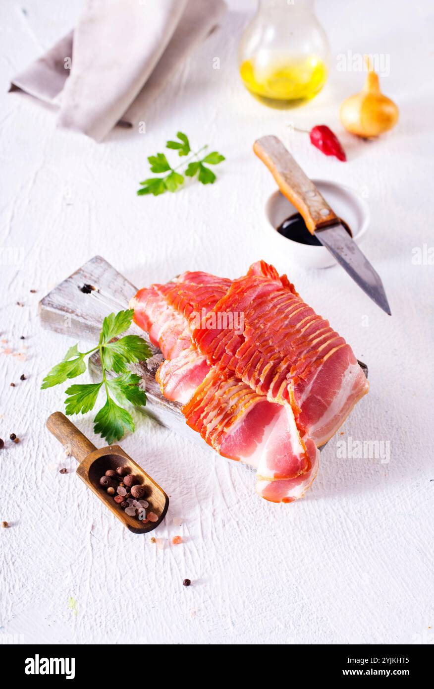 smoked becon slices for hot pot on a table Stock Photo - Alamy
