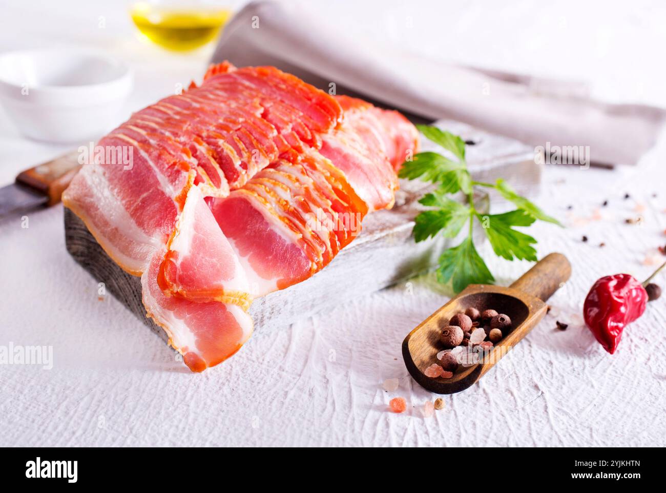 smoked becon slices for hot pot on a table Stock Photo - Alamy