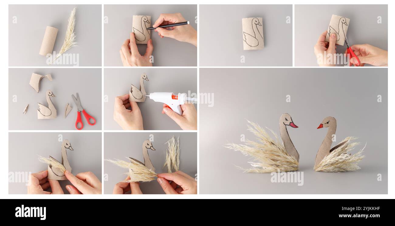 Step-by-step collage of DIY swan craft with cardboard tube and pampas ...